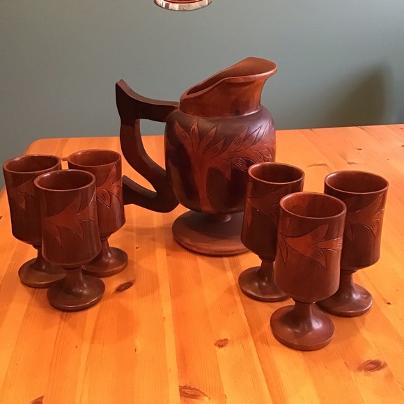 Vintage | Dining | Vintage Tiki Pitcher Goblets Carved Teak Wood Mcm ...